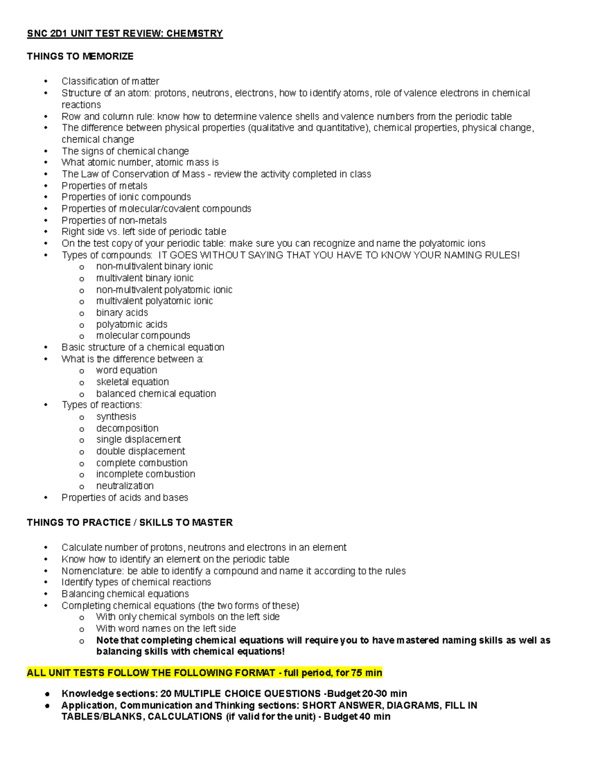 SNC 2D1 UNIT TEST: Chemistry Review on Atomic Structure & Properties ...