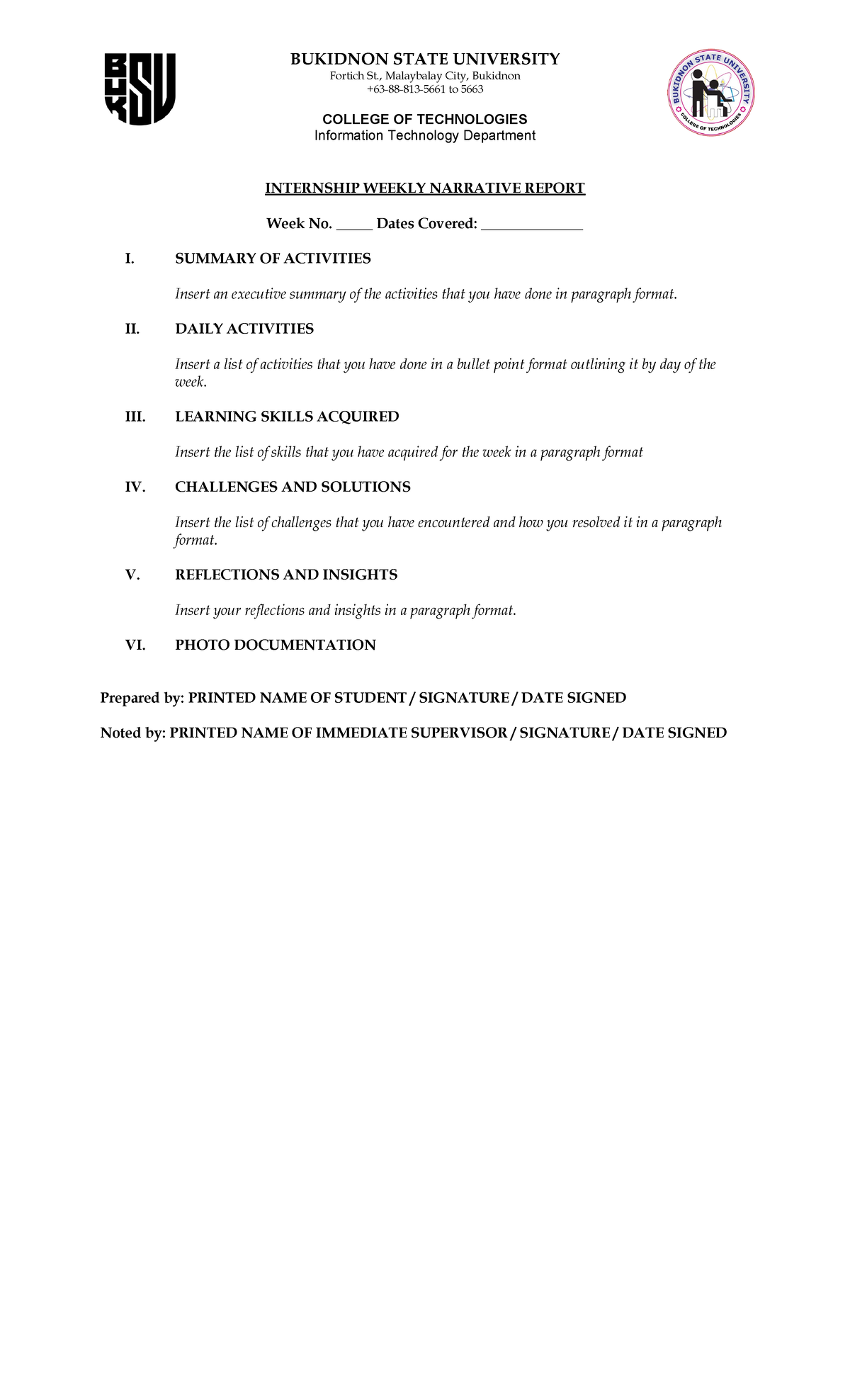 BUKIDNON STATE UNIV - IT Internship Weekly Narrative Report Template ...