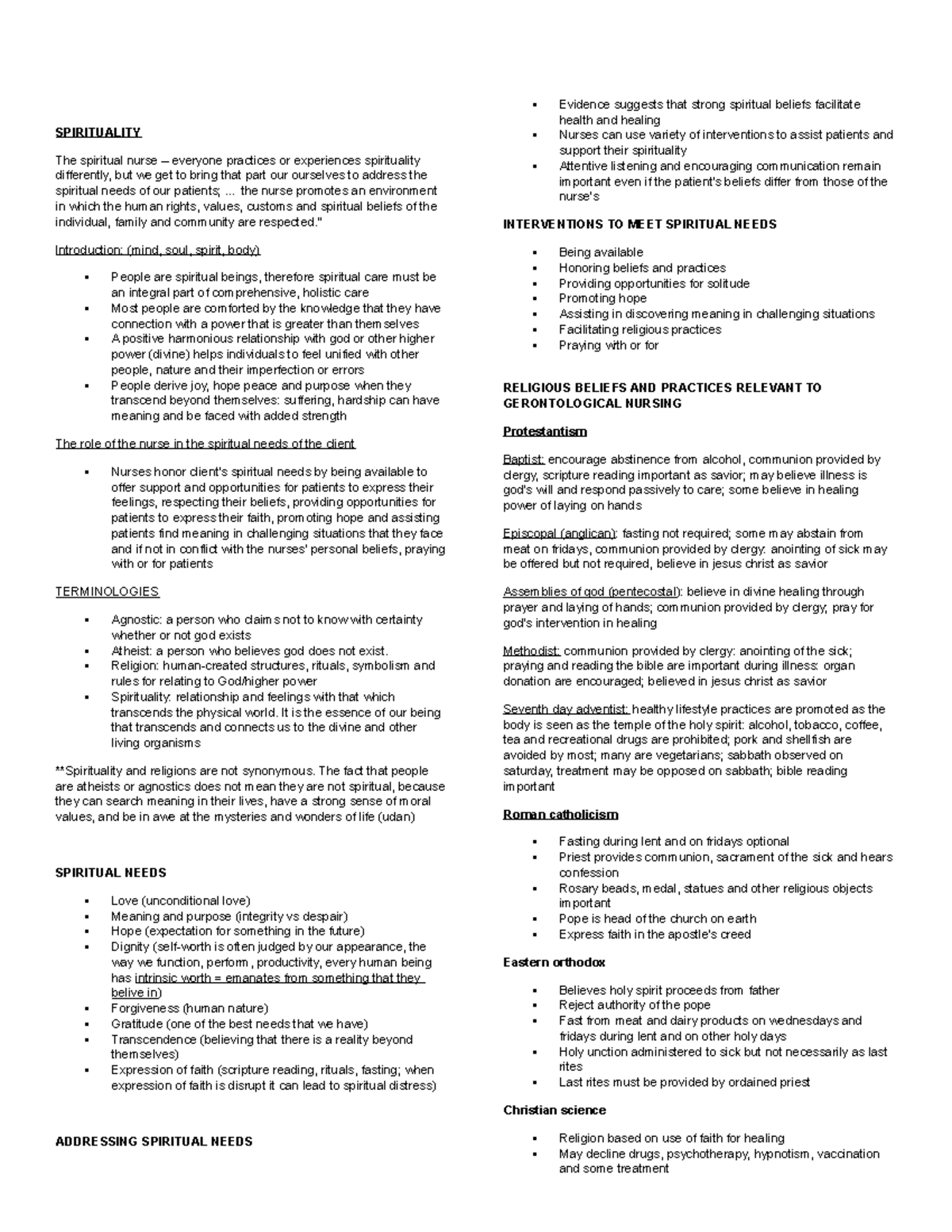 Midterms- Geria- Lecture - SPIRITUALITY The spiritual nurse – everyone practices or experiences ...