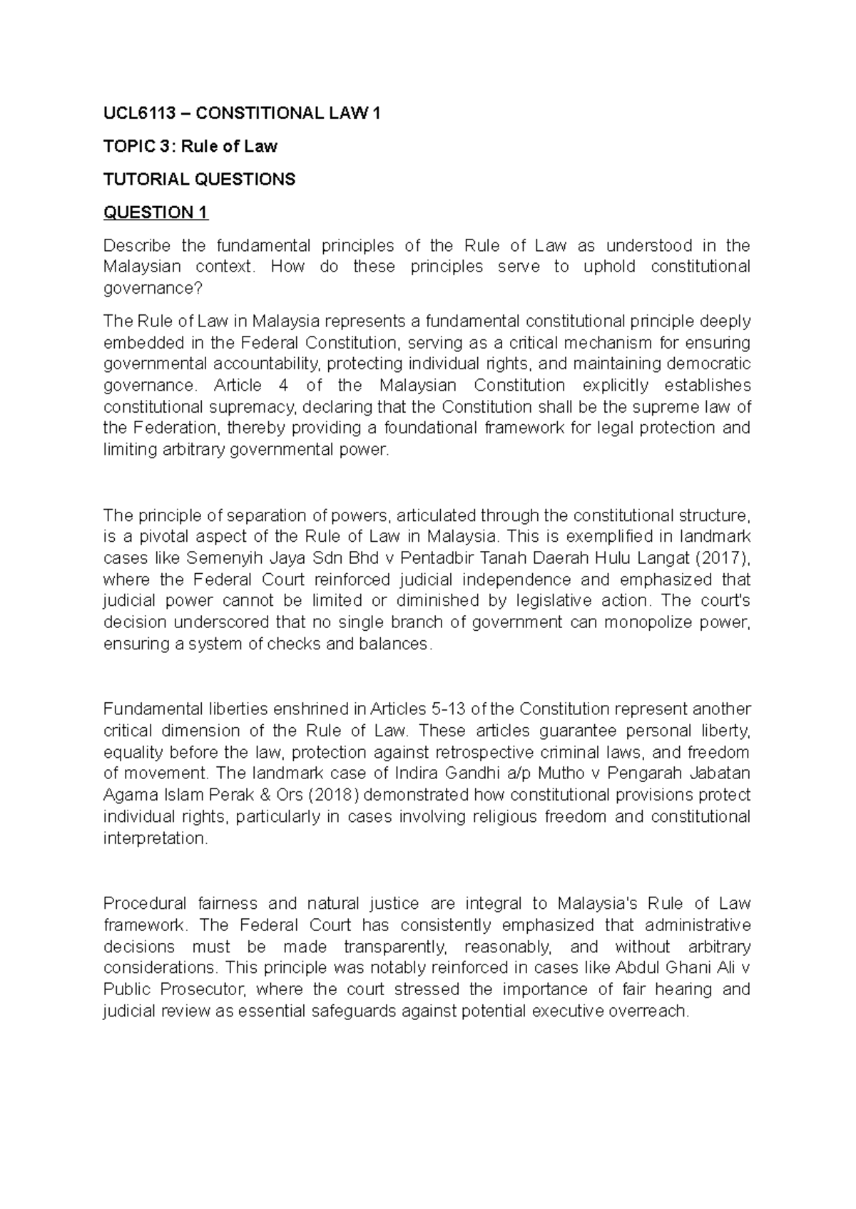 Rol 3 - tutorial - UCL6113 – CONSTITIONAL LAW 1 TOPIC 3: Rule of Law ...