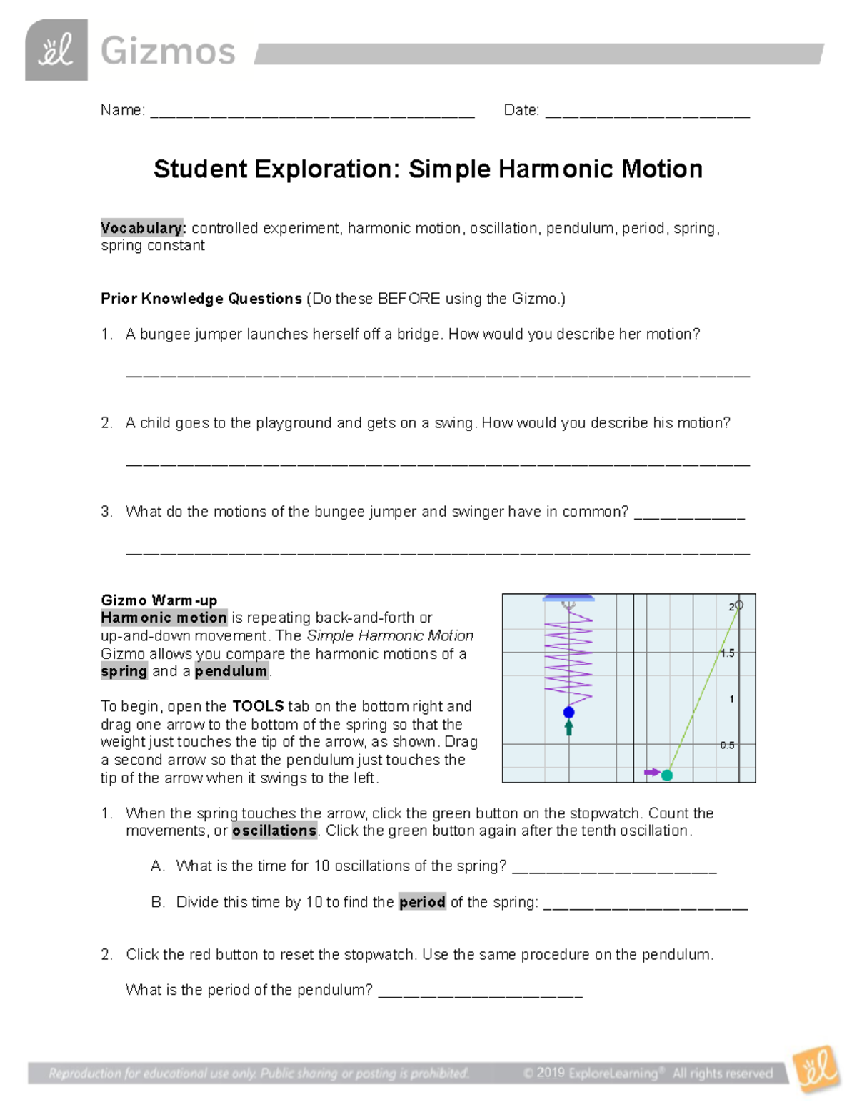 Simple Harmonic Motion Student Exploration (SE Gizmo) Guide - Studocu