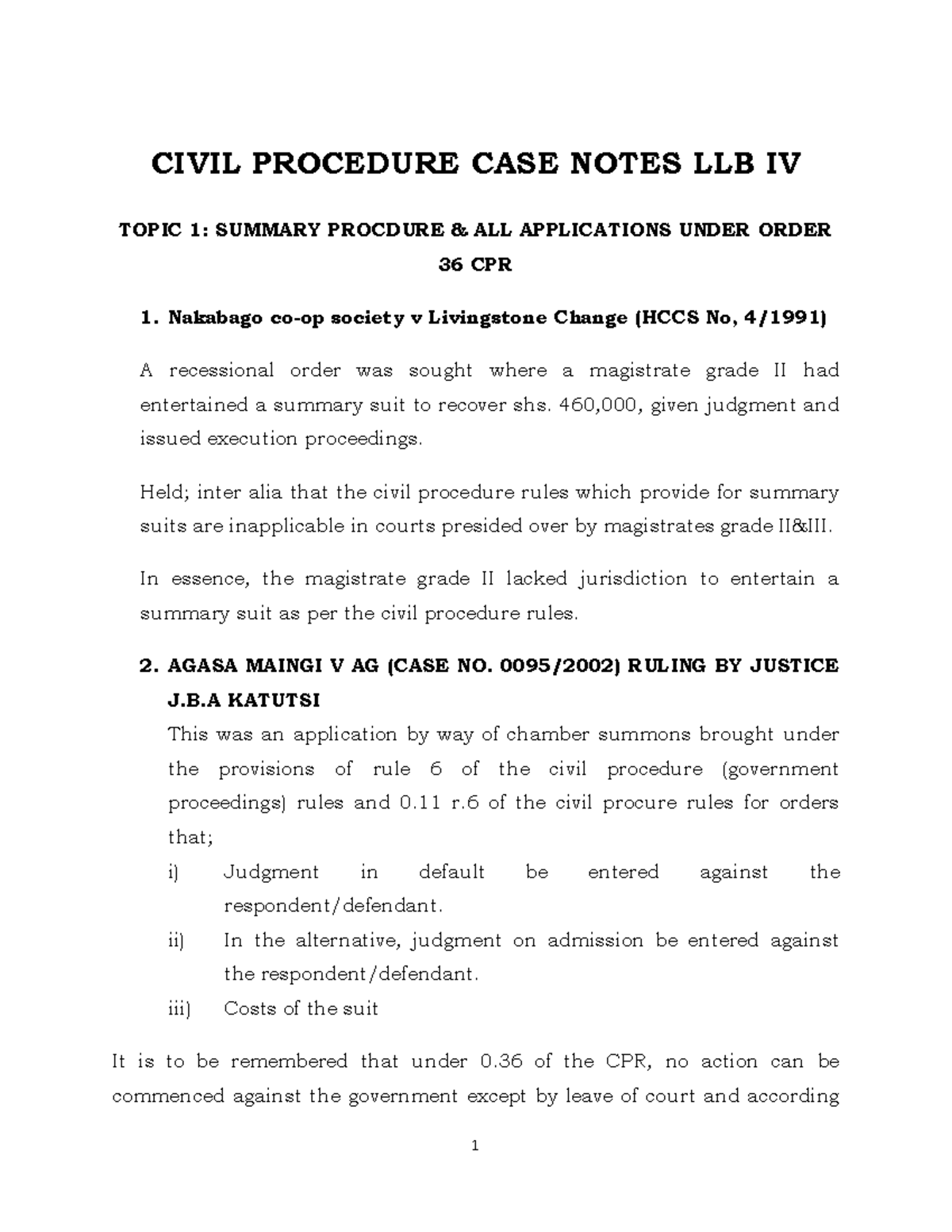 Civil Procedure LLB IV Case Law: Summary Procedure Insights - Studocu