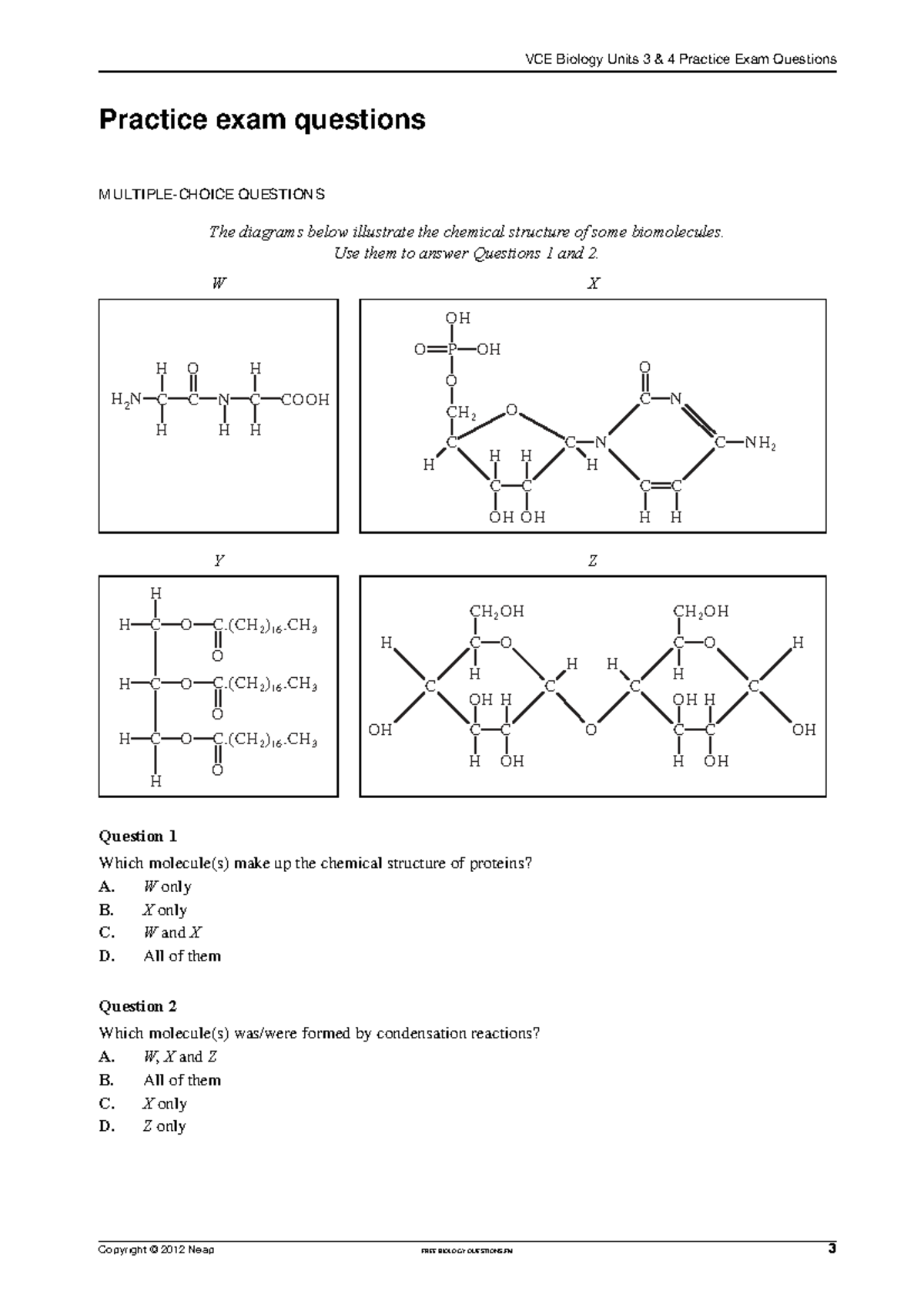VCE Biology Units 3 4 Practice Exam Questions - Studocu