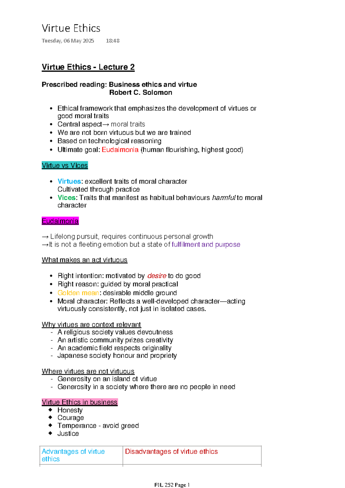 Virtue Ethics Overview - Lecture Notes for FIL 252 - Virtue Ethics ...