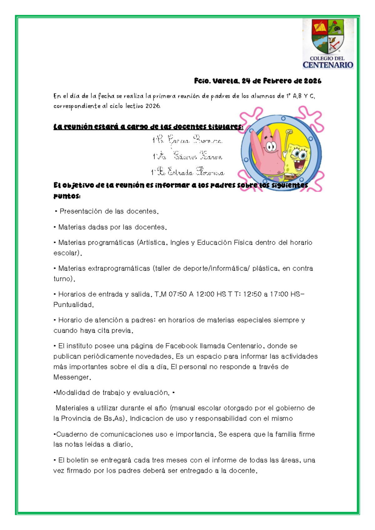 Acta de Inicio 2026: Reunión de Padres A, B y C - Studocu