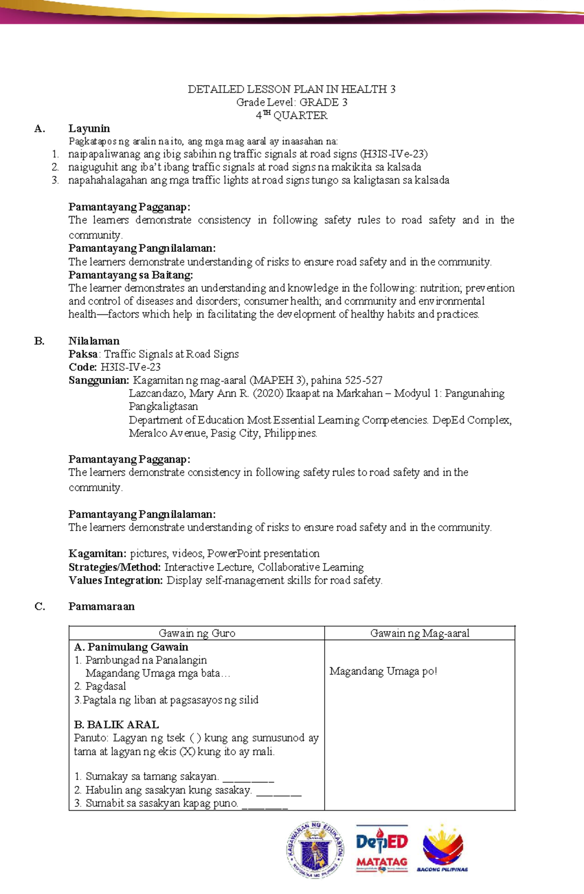 Detailed Lesson Plan in Health 3: Traffic Signals & Road Signs - Studocu
