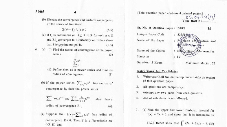 Riemann Integration Exam Paper 3005 - Convergence Questions - Studocu