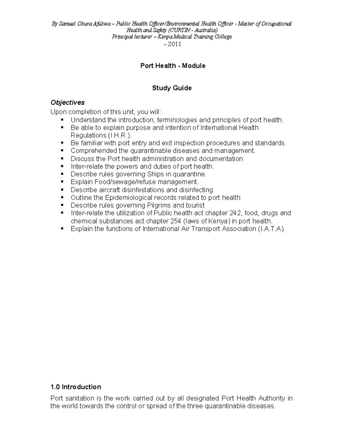 Port Health - Lecture Notes (Public Health - CURTIN) - Studocu