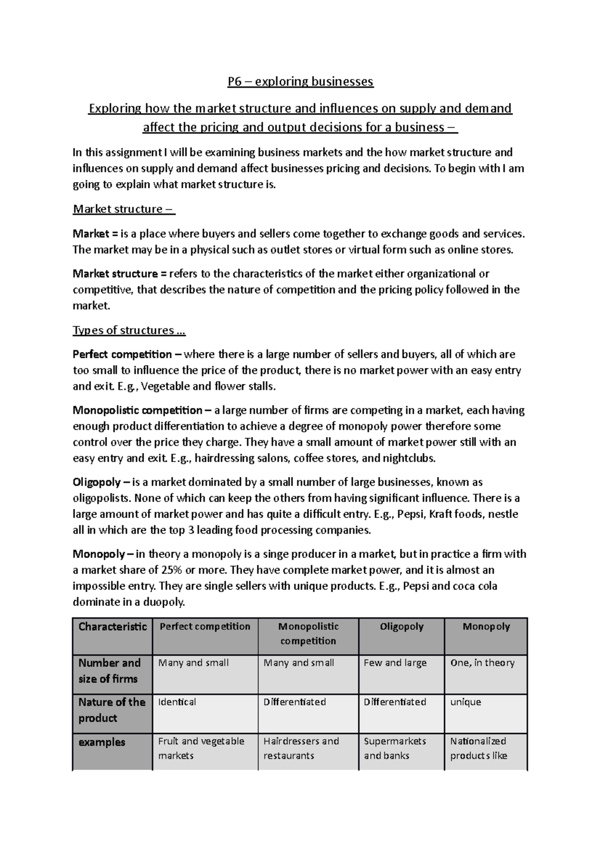 P6 - Unit 1: Exploring Market Structures and Pricing Strategies - Studocu