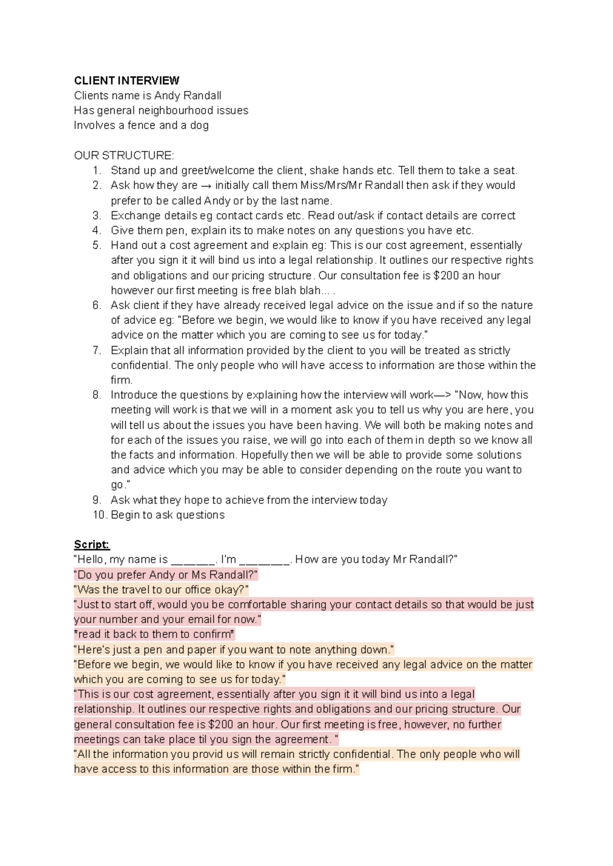 CLIENT INTERVIEW TEMPLATE: Andy Randall's Case Overview - Studocu