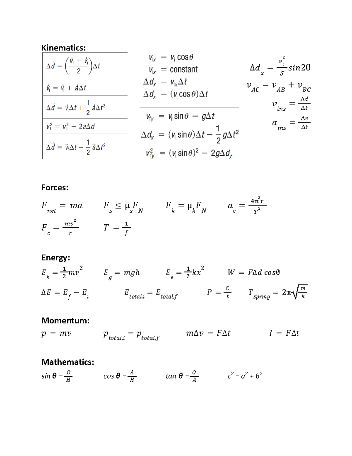 SPH4U Midterm Equation Sheet - Kinematics: ∆𝑑 𝑥 = 𝑣 𝑖 2 𝑔 𝑠𝑖𝑛2θ 𝑣 𝐴𝐶 = 𝑣 𝐴𝐵 + 𝑣 𝐵𝐶 𝑣 𝑖𝑛𝑠 = ∆𝑑 ∆𝑡 ...