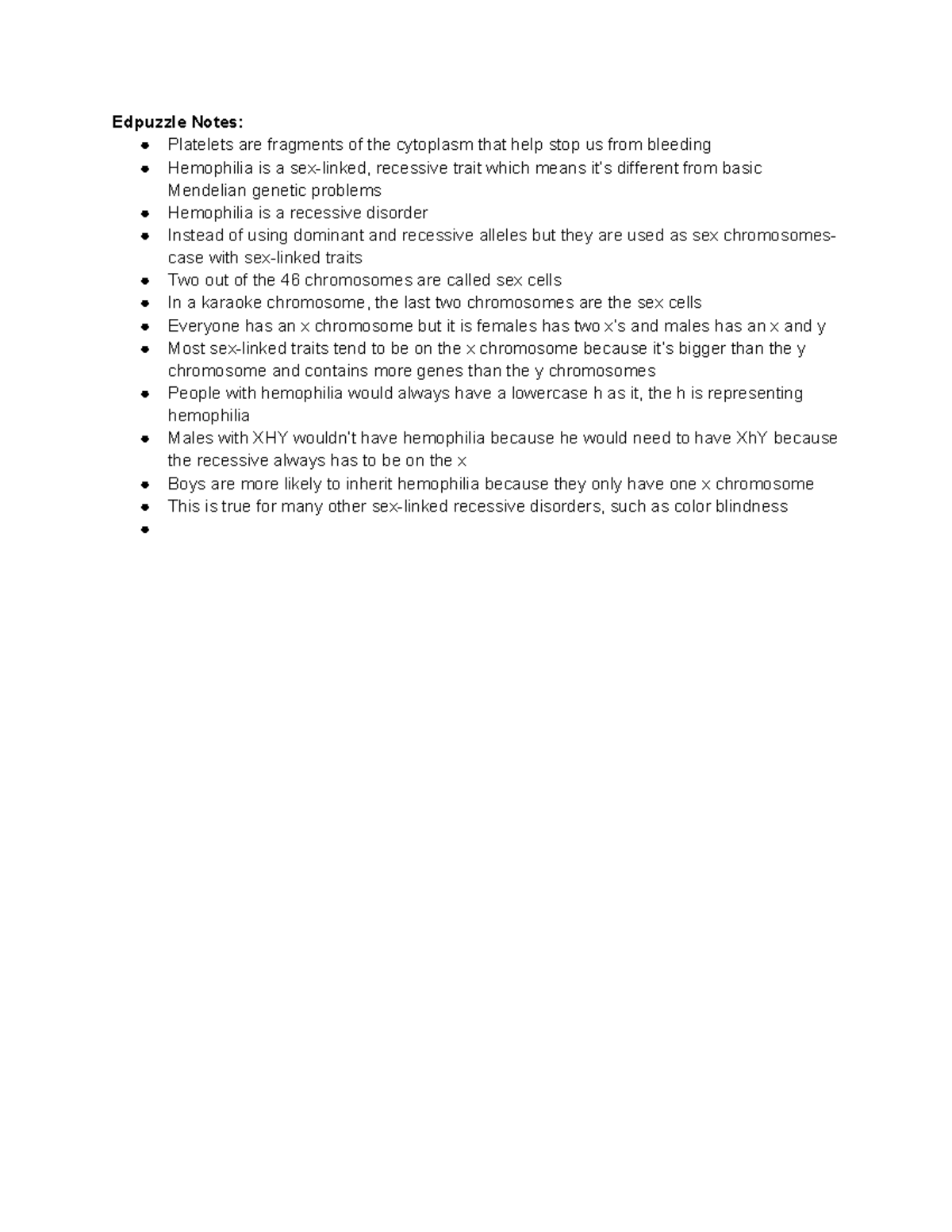 Genetic Disorders Hemophilia And Sex Linked Traits Overview Edpuzzle Notes Platelets Are
