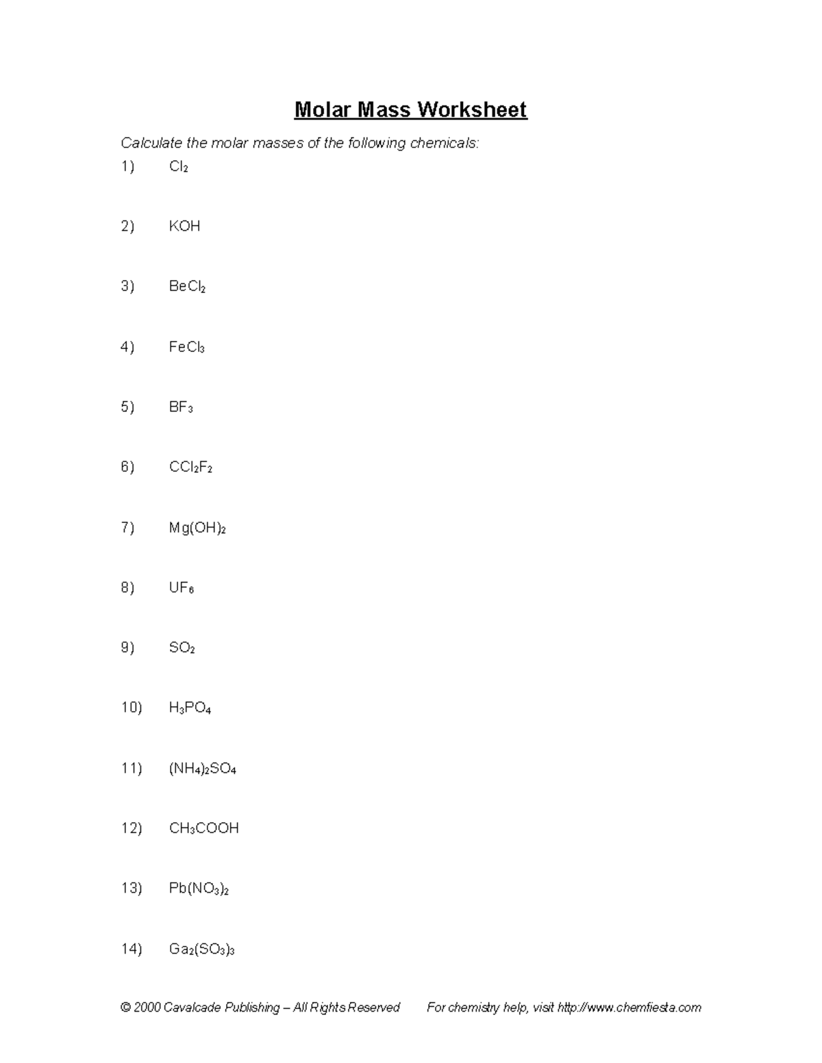 Molar Mass Worksheet - Analytical Chemistry - Molar Mass Worksheet ...