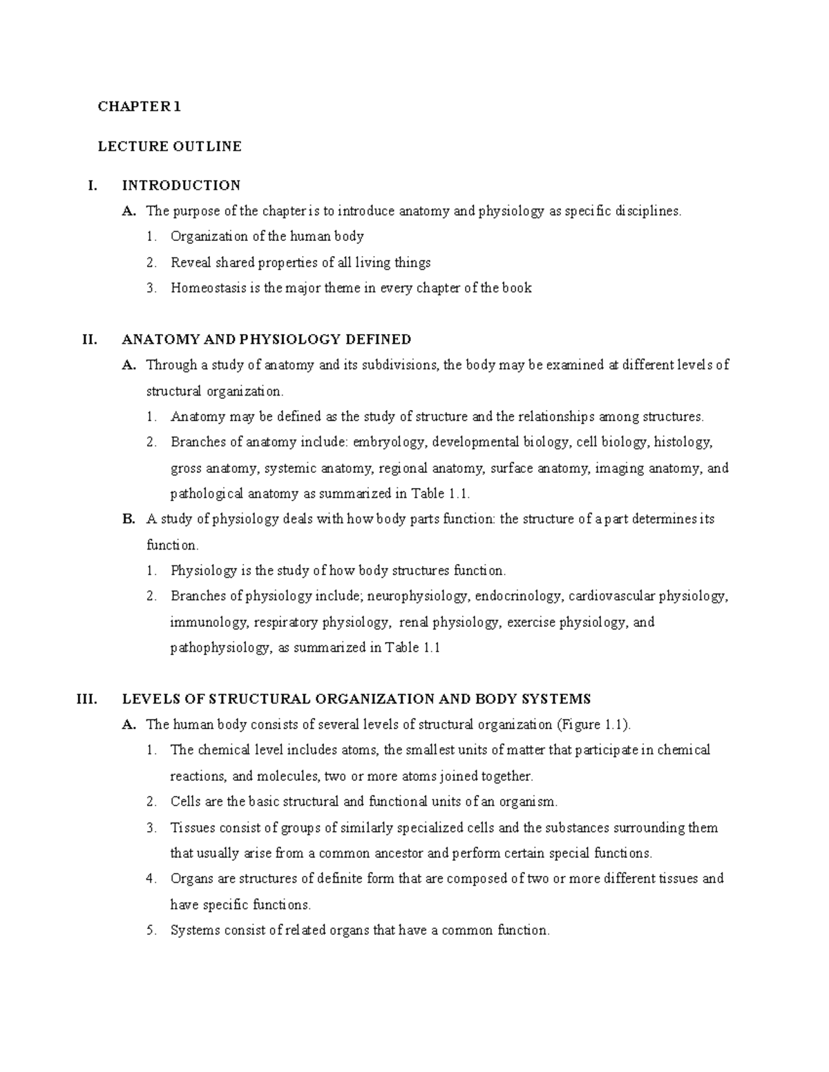 CH 1 LECTURE OUTLINE: INTRO TO ANATOMY & PHYSIOLOGY - Studocu