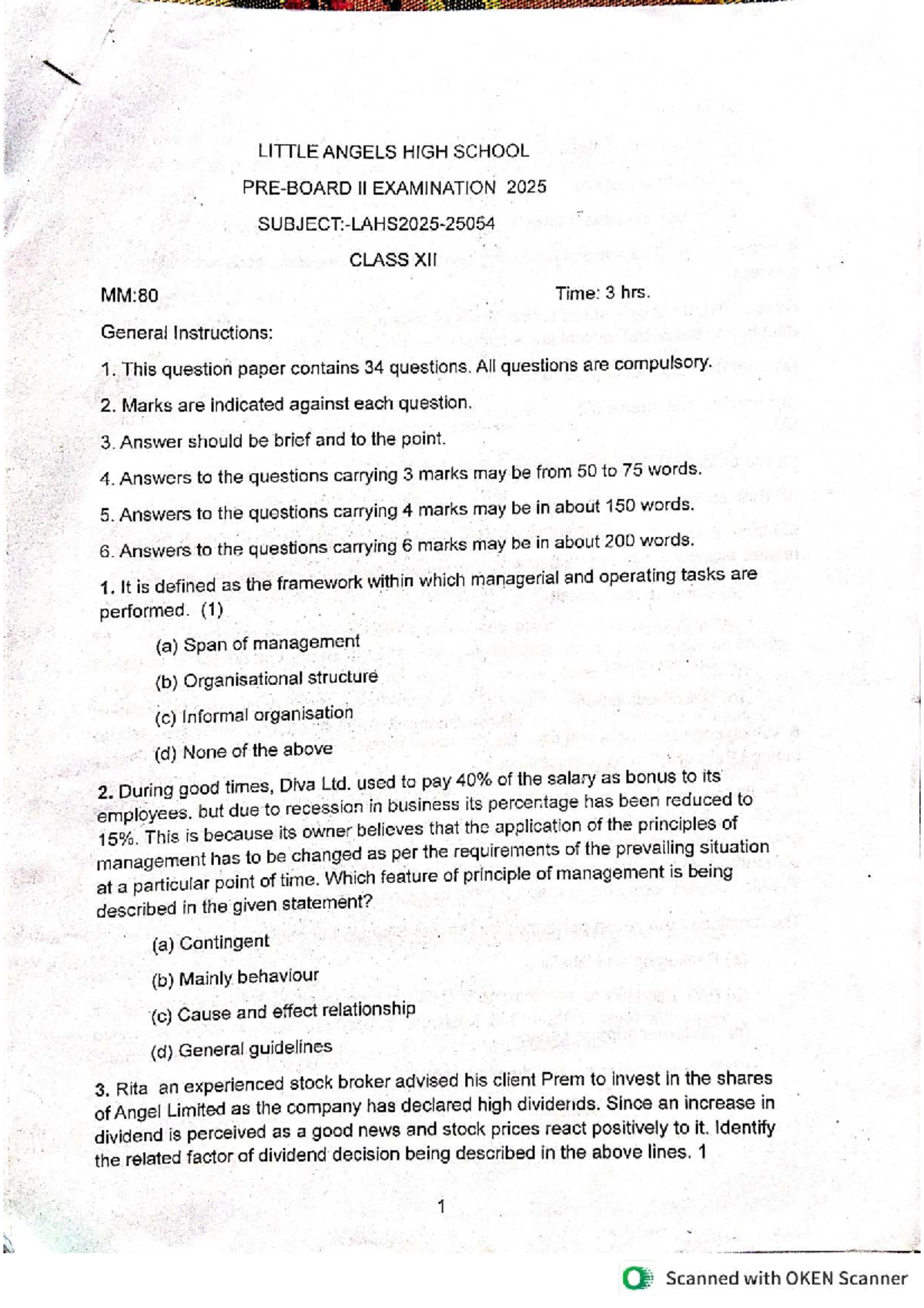 LITTLE ANGELS HIGH SCHOOL CLASS XII BST PRE BOARD II EXAM 2025 - Studocu