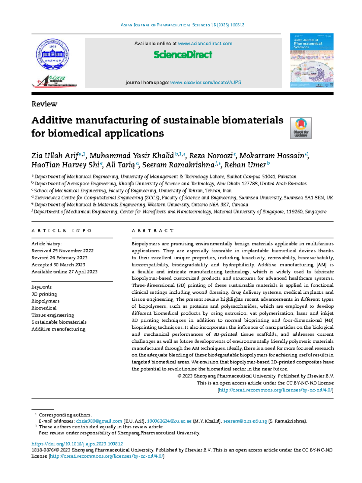 Additive Manufacturing of Sustainable Biopolymers for Biomedical ...