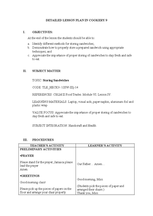 Detailed Lesson PLAN IN Cookery 9-Storing Sandwiches - DETAILED LESSON ...