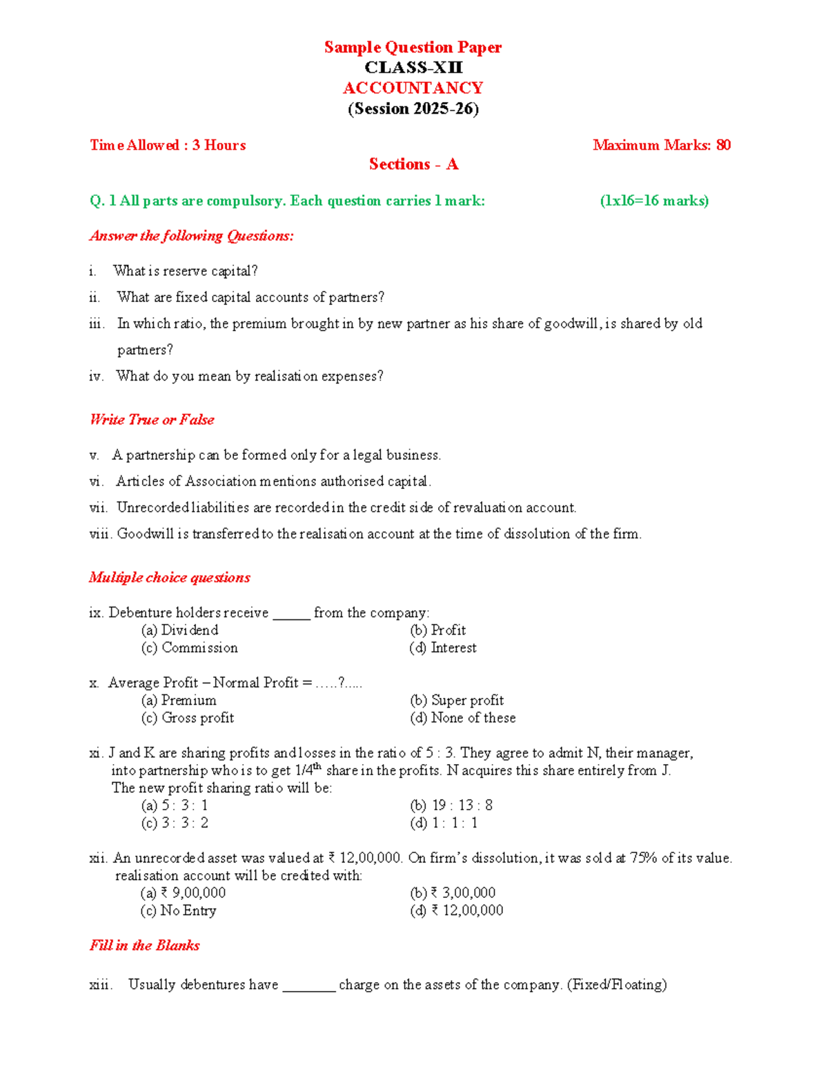 ACCOUNTANCY Model Paper 2025-26: Sample Question Paper - Studocu