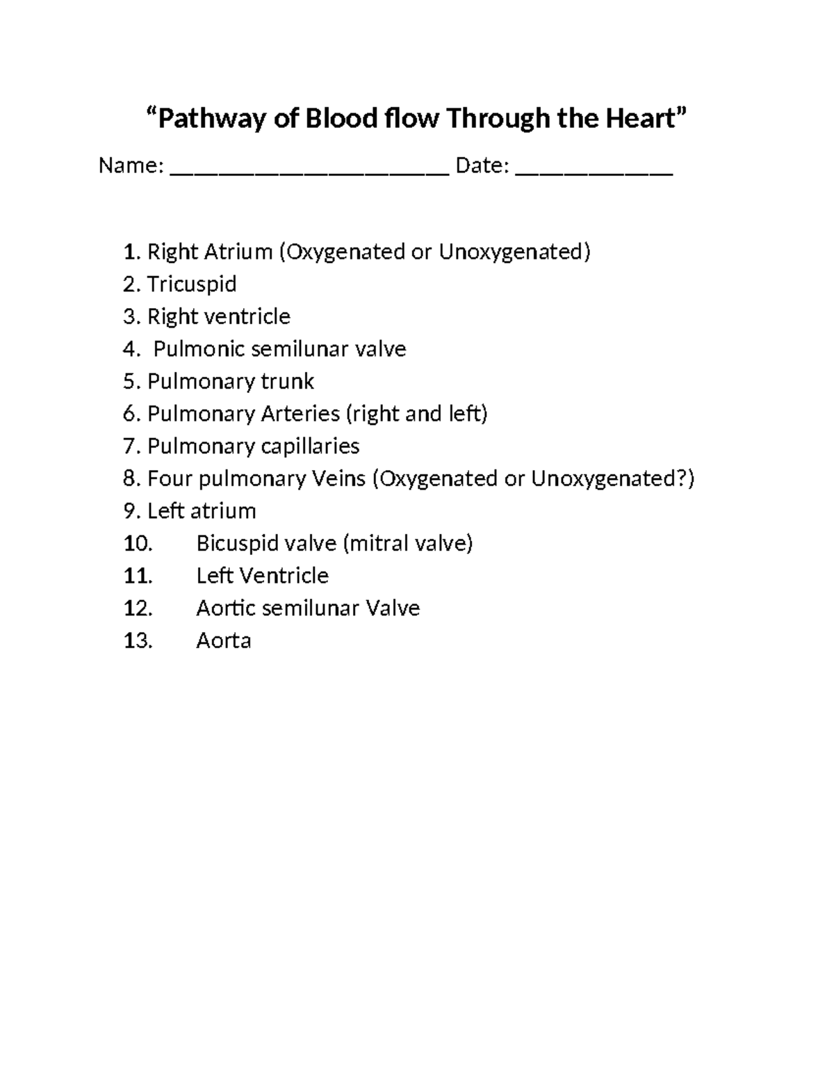 Pathway of Blood flow Through the Heart 2 - NUR 4358 - “Pathway of ...
