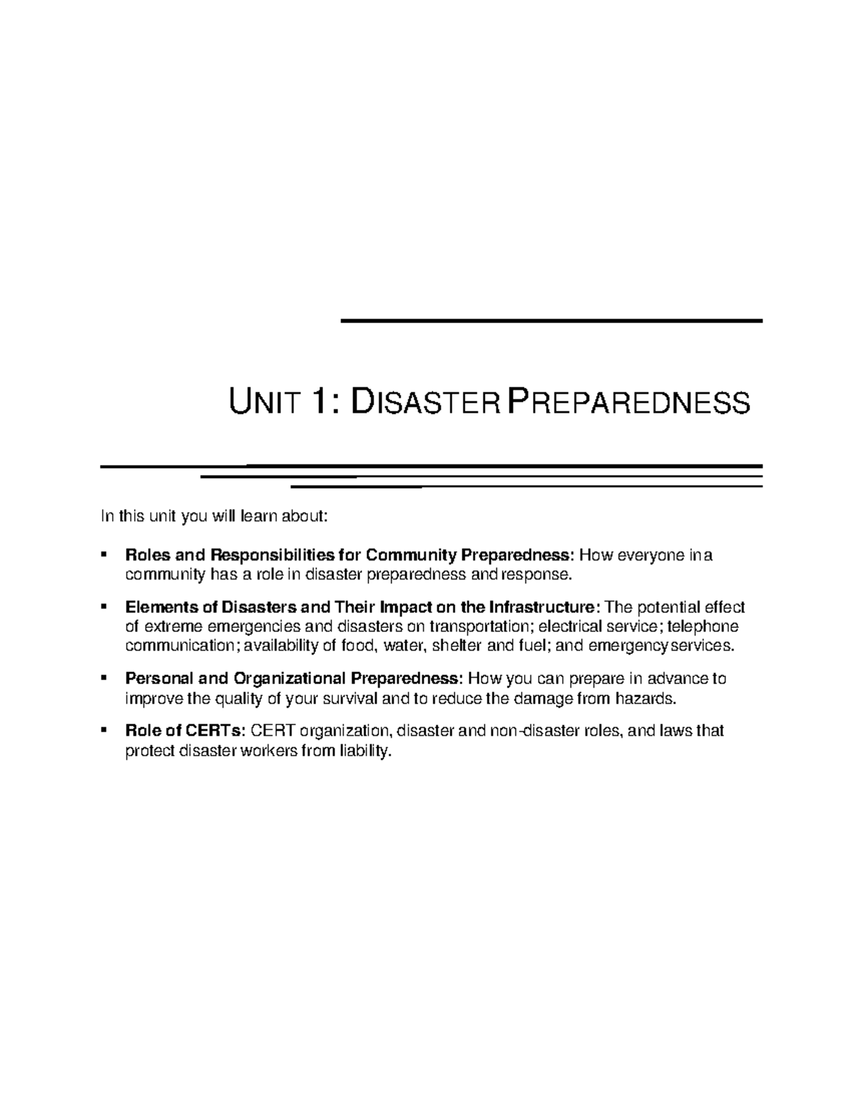 CERT Basic Training: Unit 1 - Disaster Preparedness Overview - Studocu