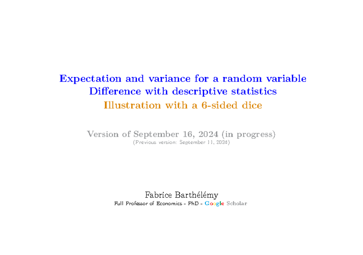 Expectation and Variance of a Random Variable: Dice Example (ECO 101 ...