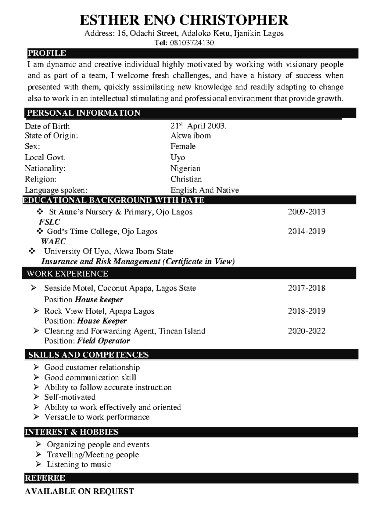 Practical Interview Resume - Esther Eno Christopher - Studocu