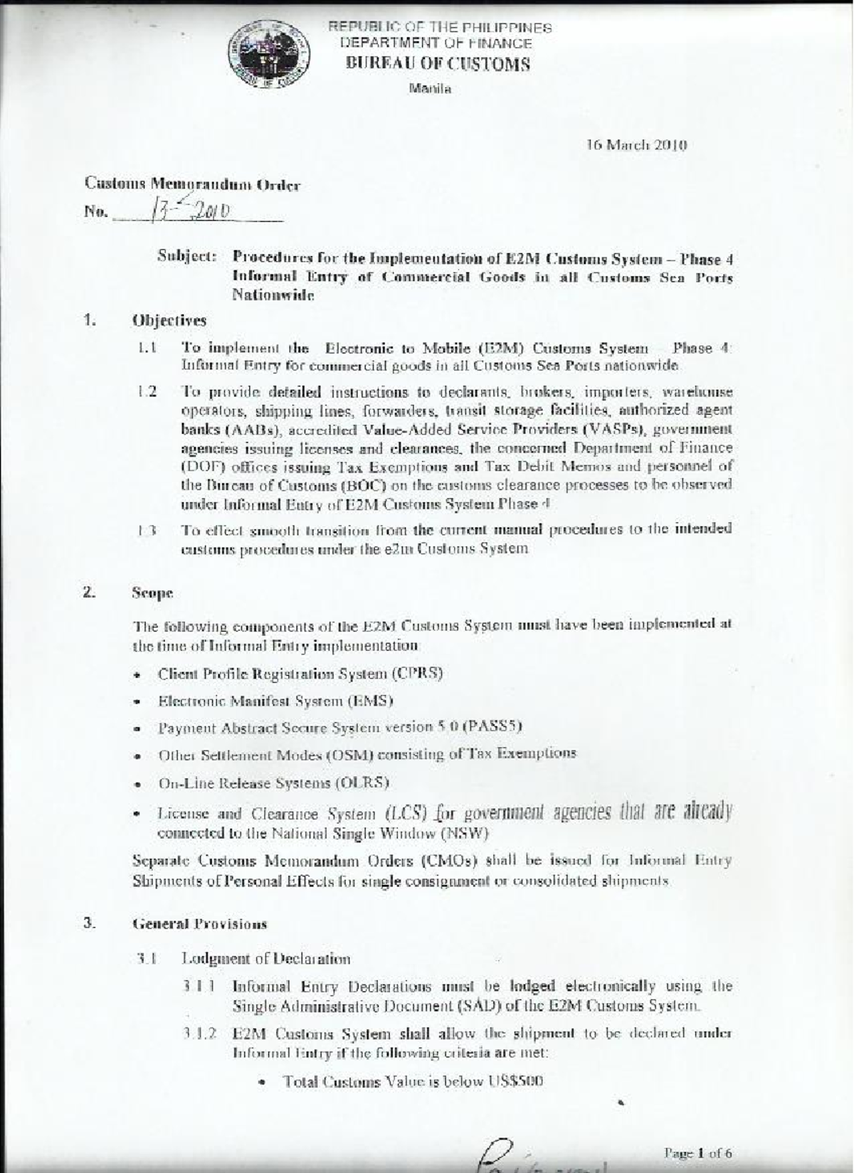 CMO-13-2010: E2M Customs System Phase 4 Implementation Guide - Studocu