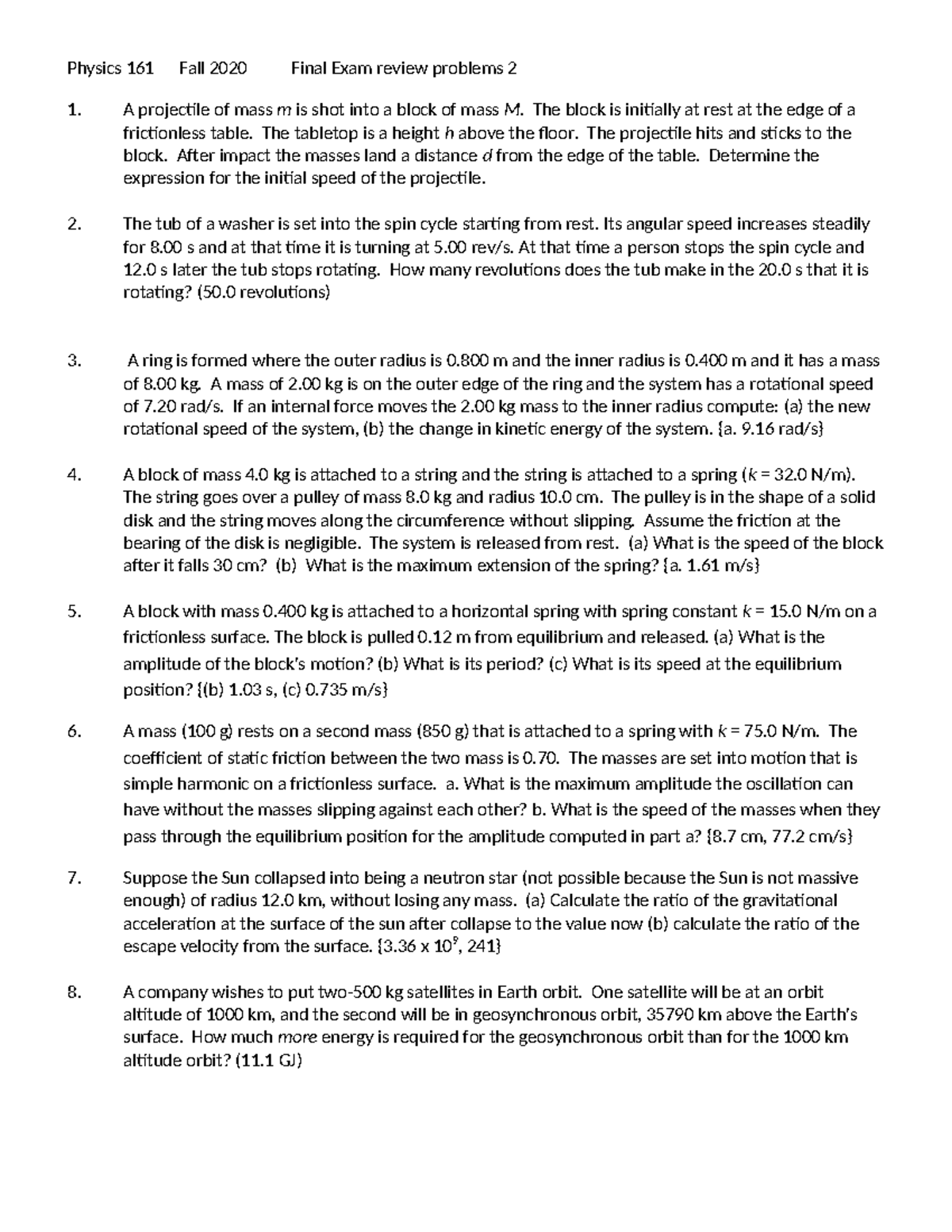 PHYS 161 Final Exam Review Problems and Solutions - Fall 2020 - Studocu