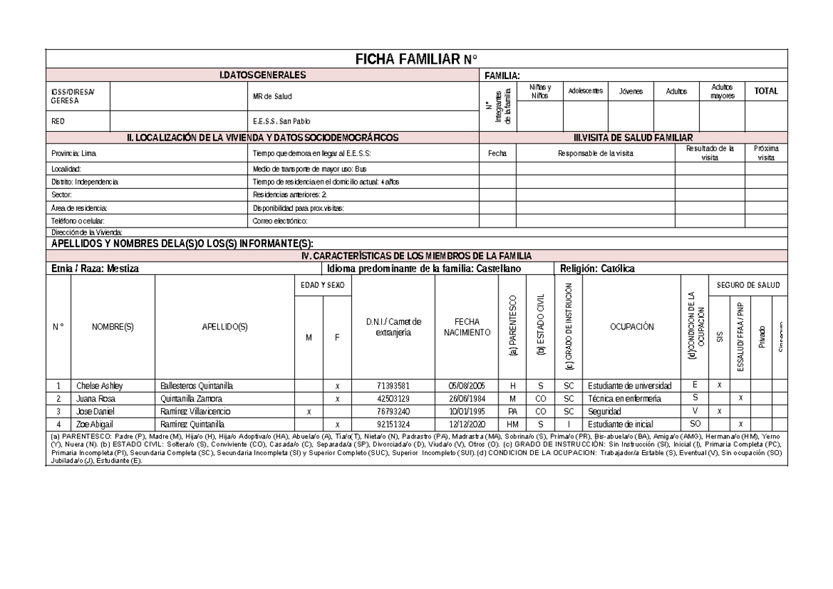 Ficha Familiar Minsa LN: Datos Generales y Evaluación de Salud Familiar ...