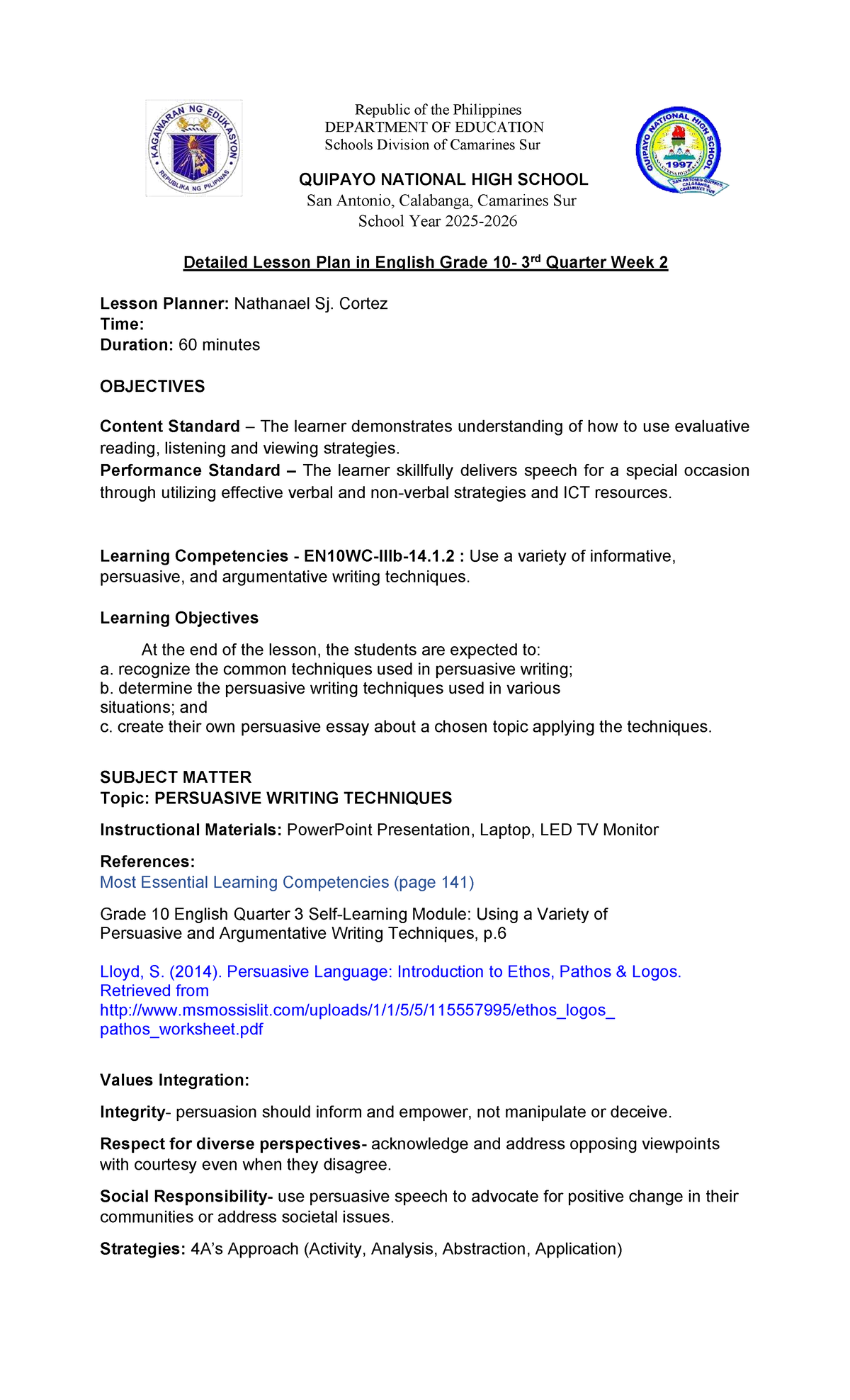 Persuasive Writing Techniques Lesson Plan G10 - Week 2 - Studocu