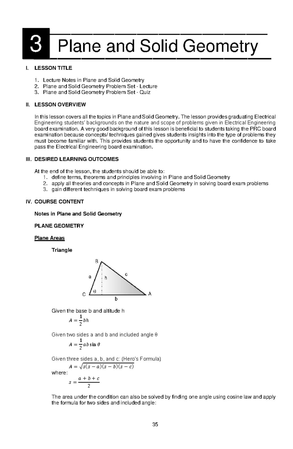 Module 3: Plane & Solid Geometry Lecture Notes & Problem Set - Studocu