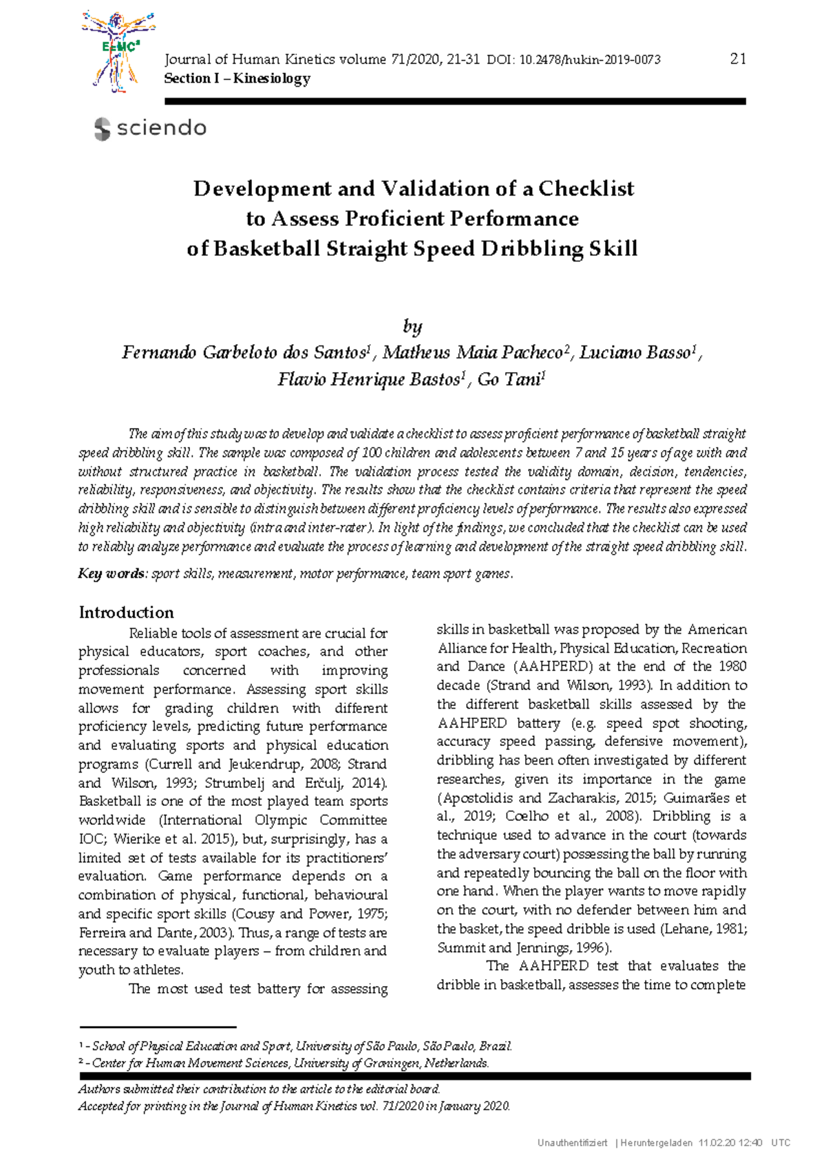 Validation of a Checklist for Assessing Basketball Speed Dribbling ...