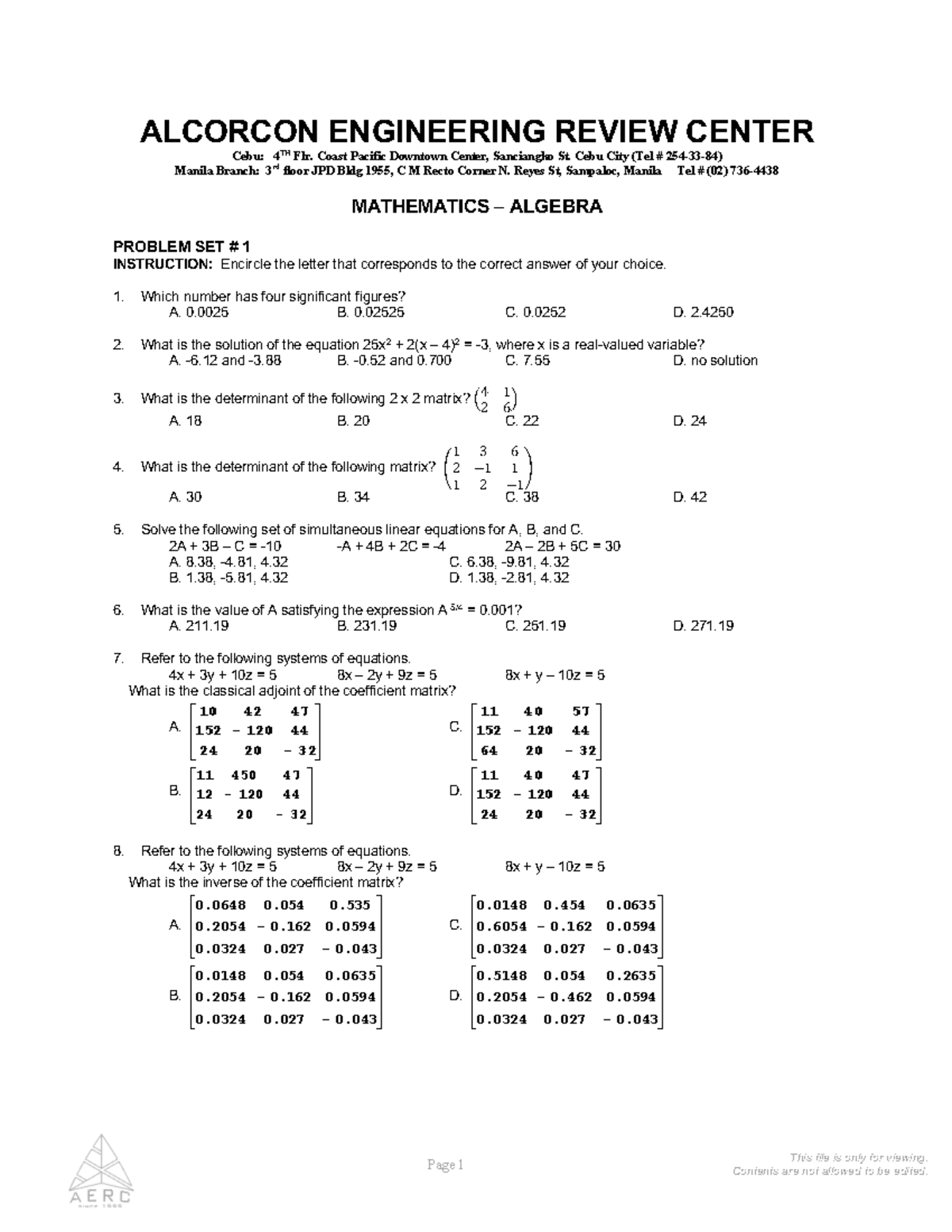 MATHEMATICS ALGEBRA PROBLEM SET 1-3 ALCORCON ENGINEERING REVIEW CENTER ...