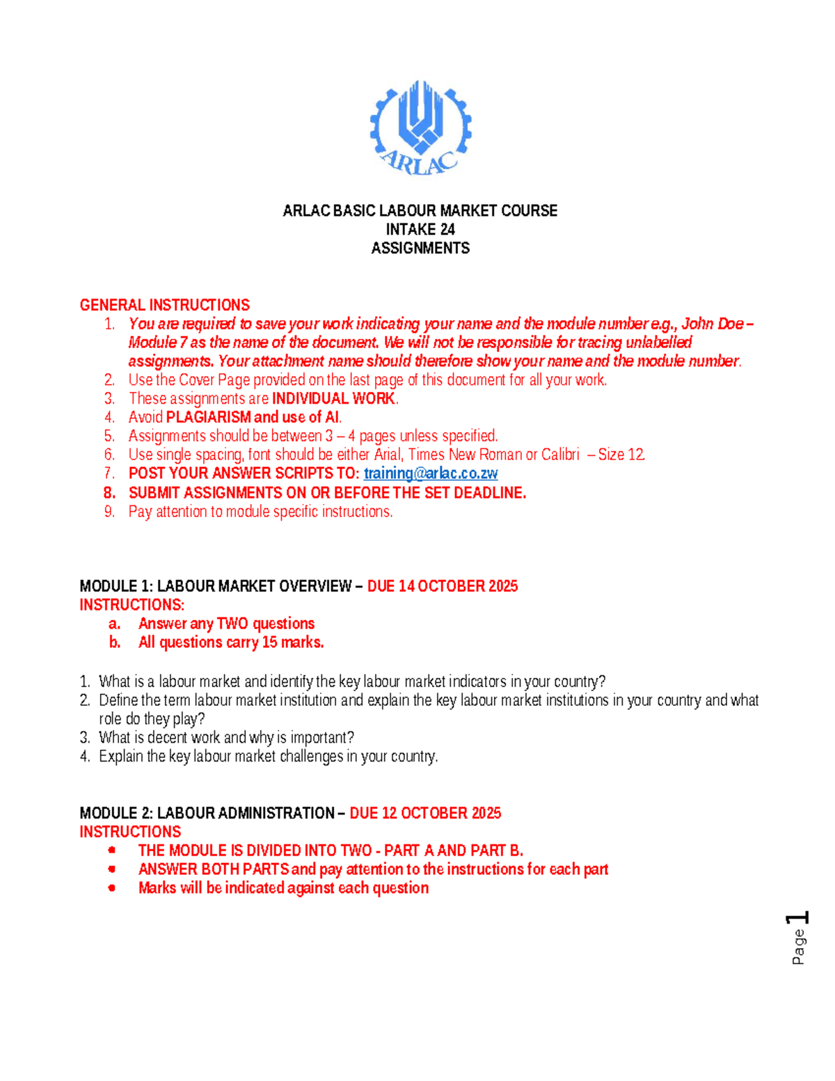 ARLAC BASIC LABOUR MARKET COURSE INTAKE 24 ASSIGNMENT GUIDELINES - Studocu