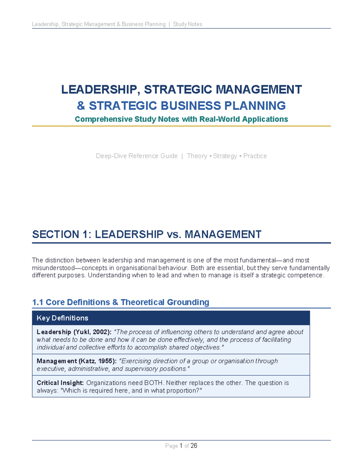 Leadership & Strategic Management Study Notes: LEAD 101 Comprehensive ...
