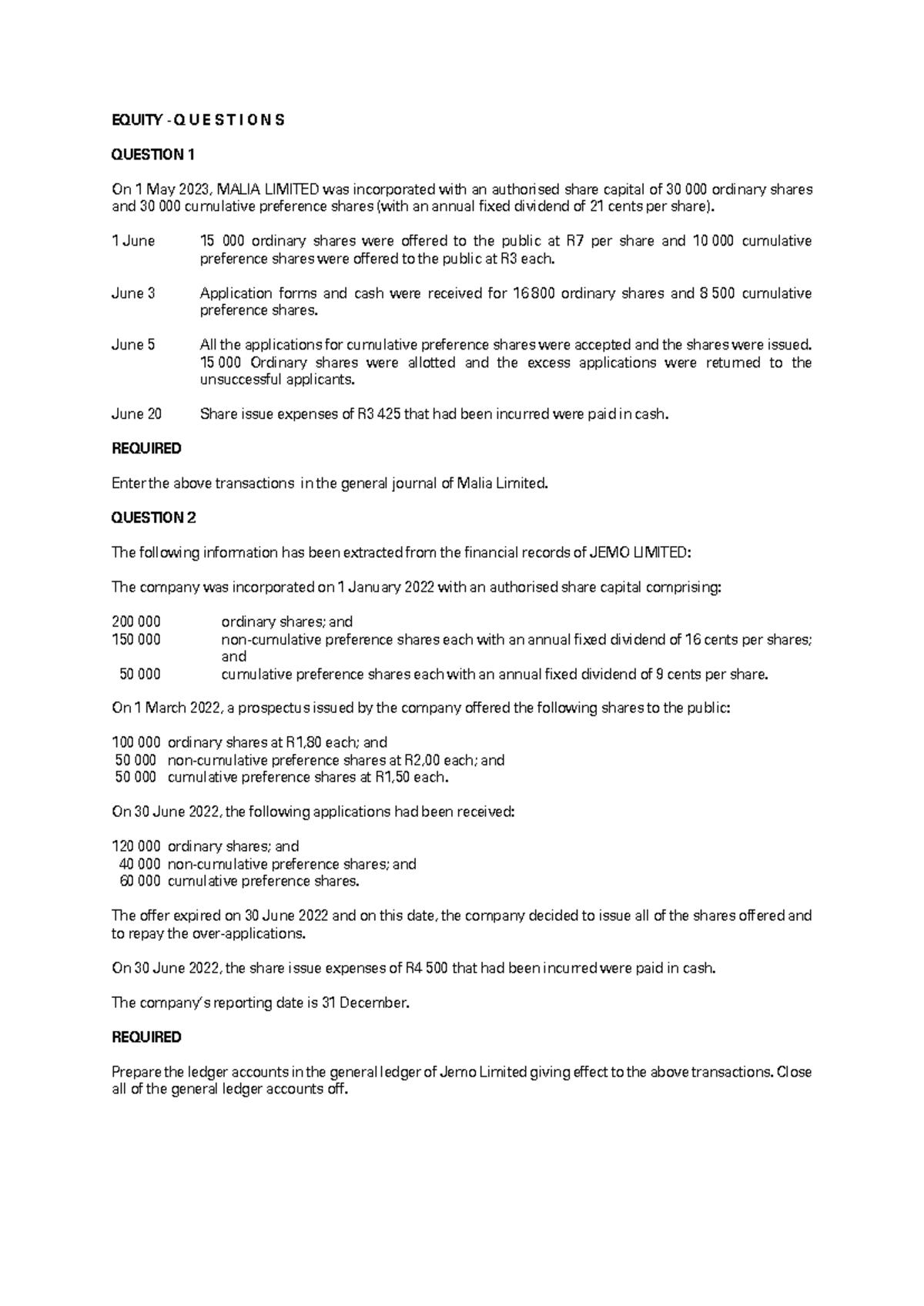 EQUITY PRACTICE QUESTIONS: JOURNAL & LEDGER ENTRIES (FIN 101) - Studocu