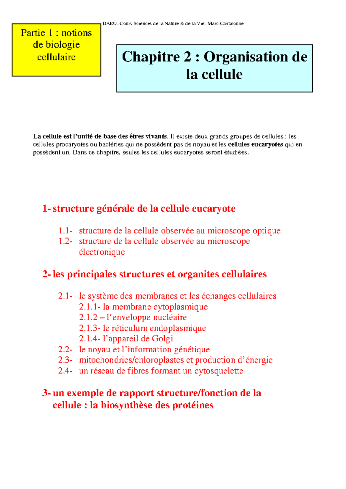 Cours Sciences de la Nature - Chapitre 2 : Organisation de la Cellule ...