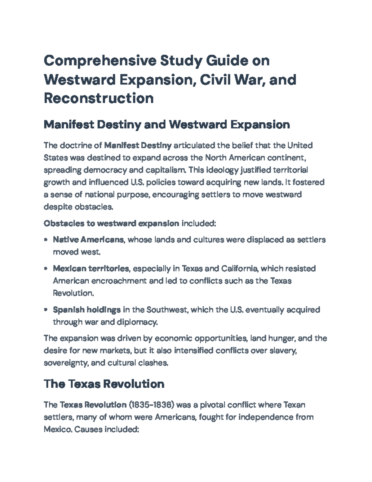 Comprehensive Study Guide: Westward Expansion, Civil War ...