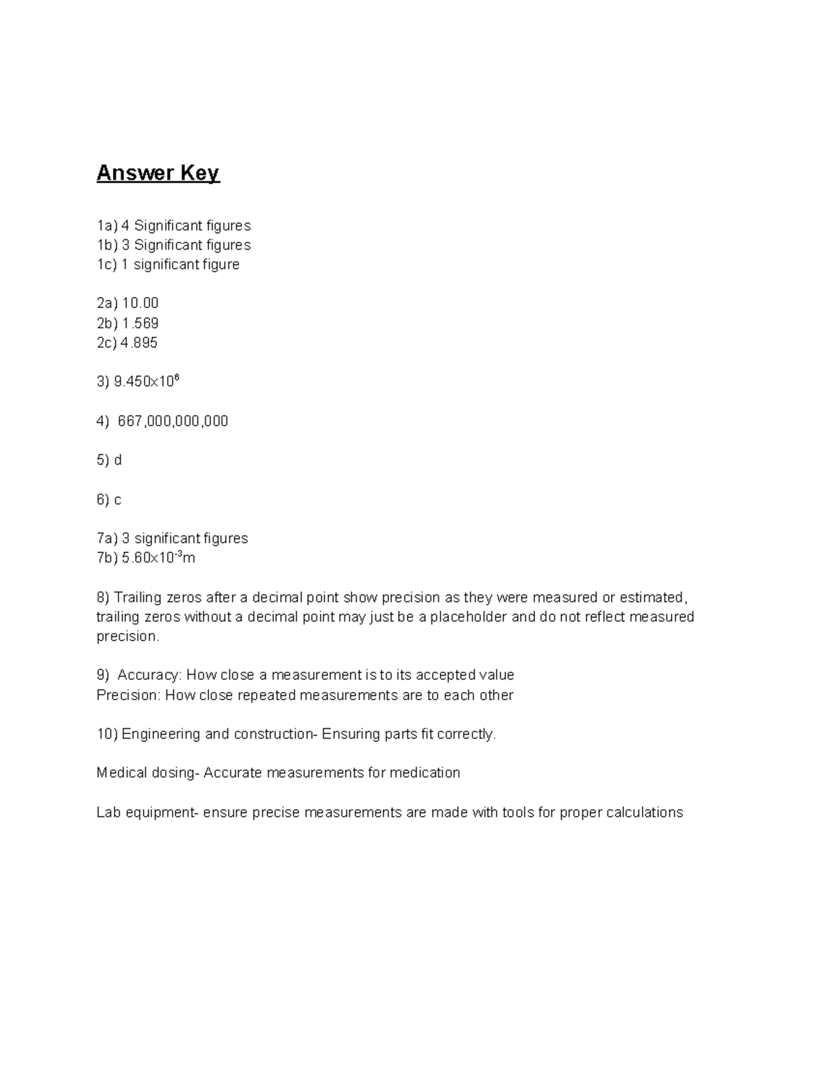 Answer Key - Physics: Significant Figures & Measurement Precision - Studocu