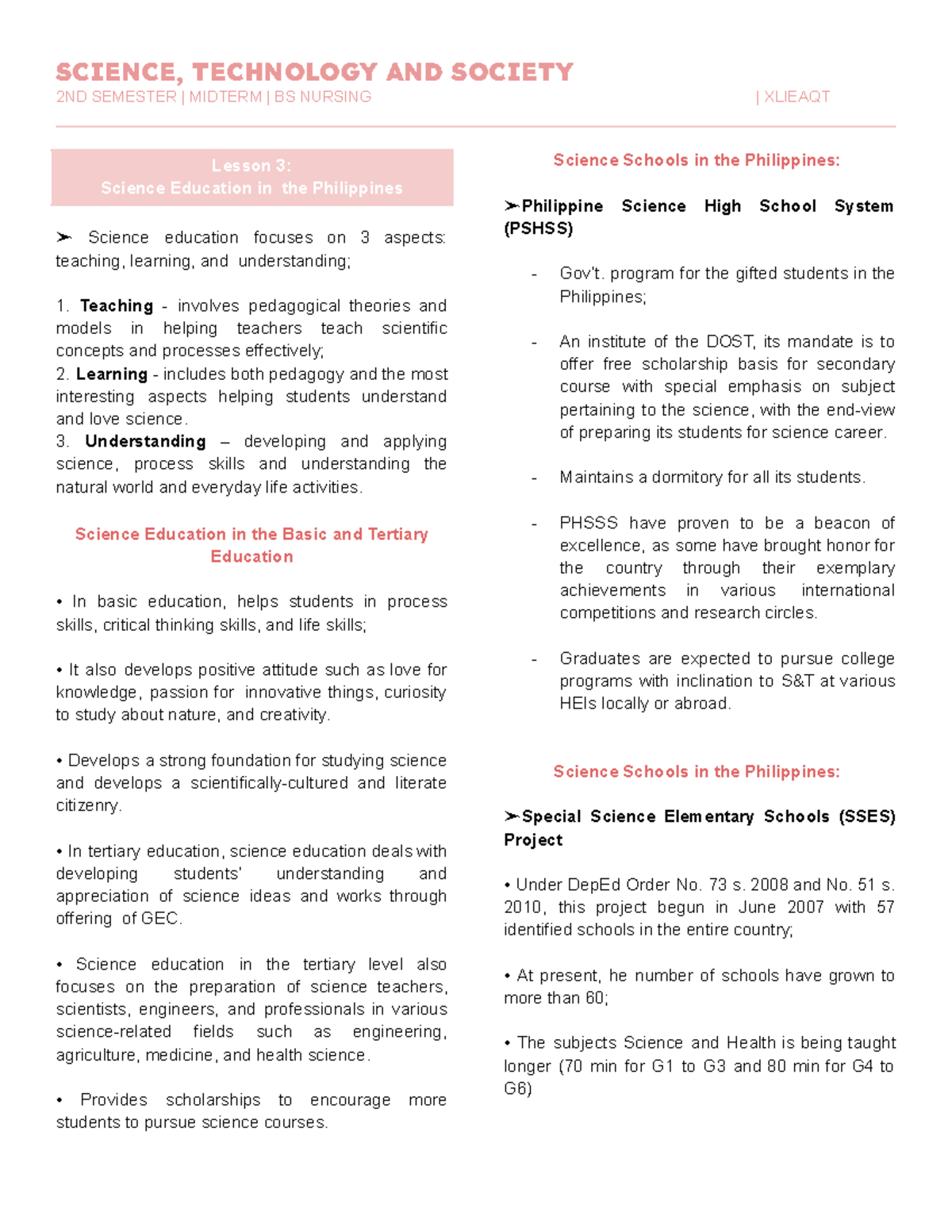 STS 2ND SEMESTER MIDTERM LECTURE NOTES: SCIENCE EDUCATION IN THE ...