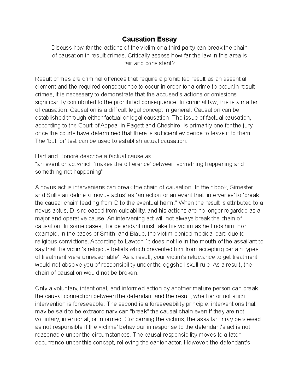 Causation in Criminal Law: Evaluating Victim and Third Party Actions ...
