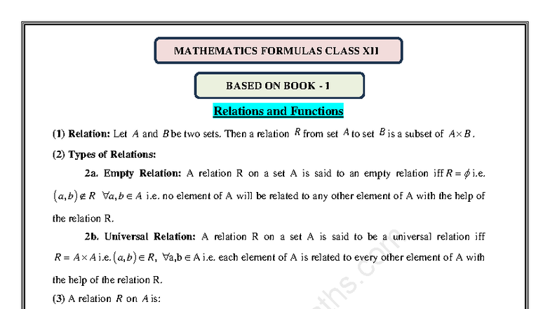 Class XII Formula LIST ( Based ON BOOK-1 BY DR. AMIT Bajaj) - Relations ...