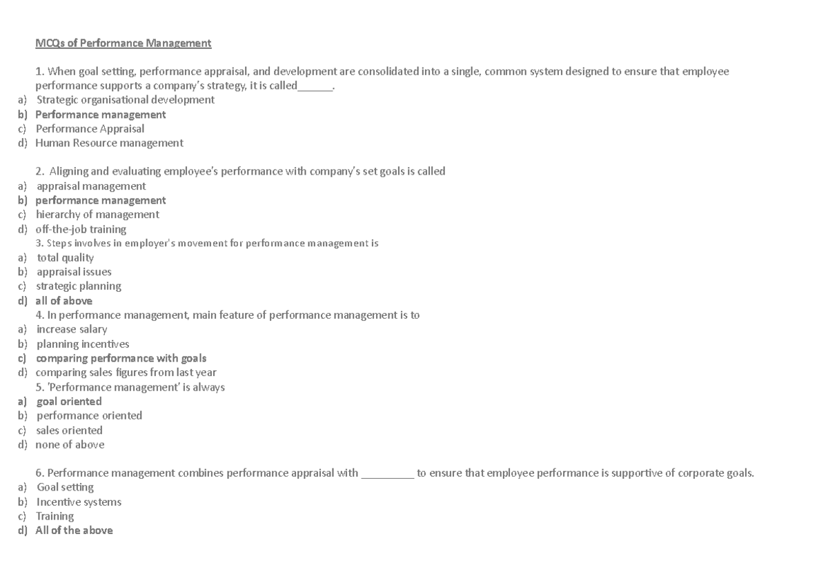 MCQs on Performance Management - Course Code PM101 - Studocu