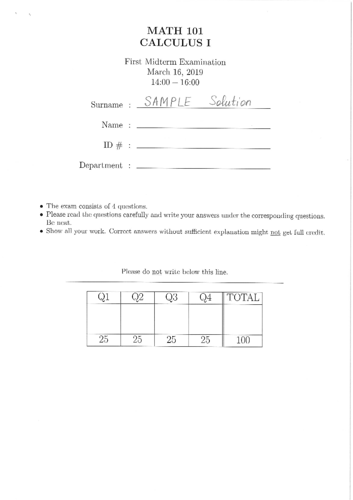 Math 101 Calculus I First Midterm Examination Solutions Studocu