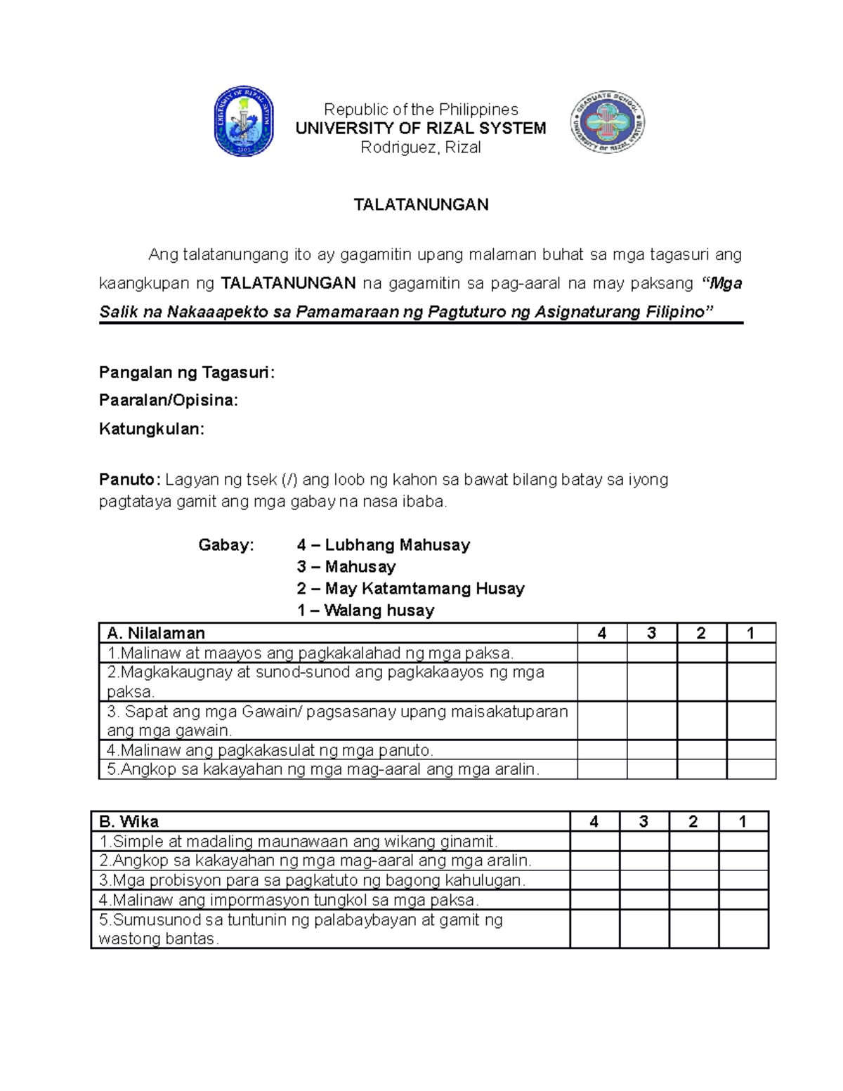 Balidasyon ng Talatanungan para sa Asignaturang Filipino - Studocu