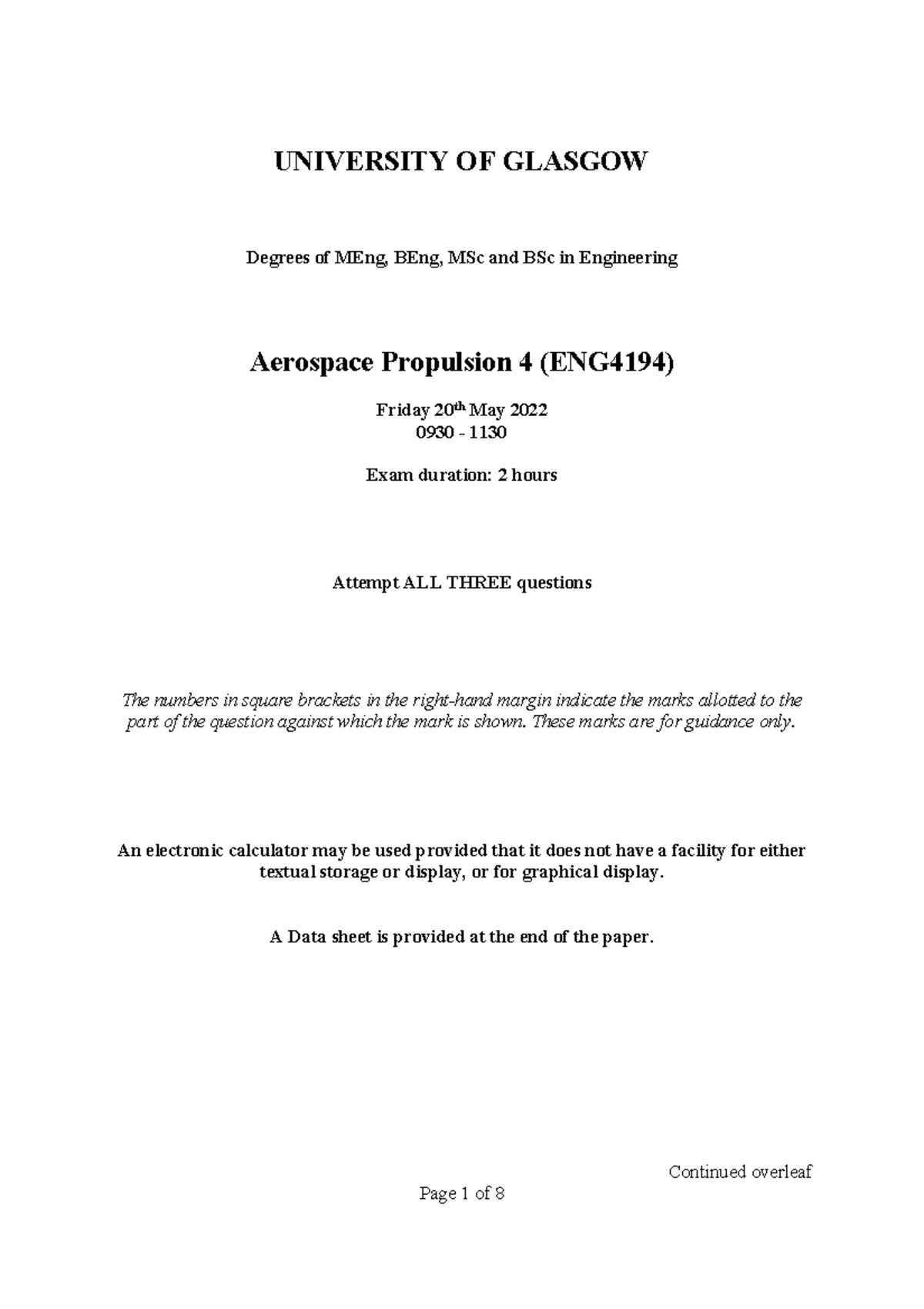 ENG4194 Aerospace Propulsion 4 Final Exam Paper 2022 - Studocu