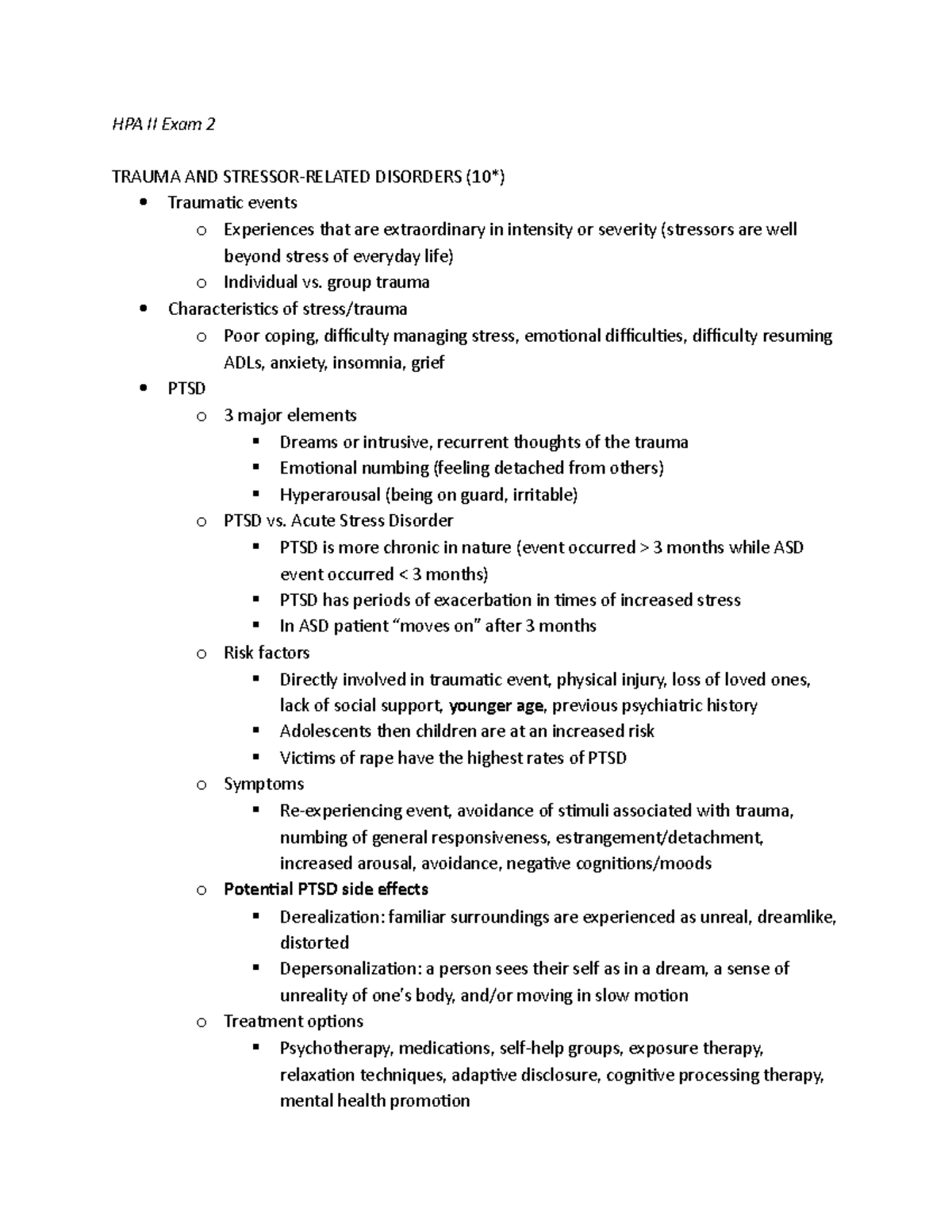 HPA2 Exam 2 - Study guide - HPA II Exam 2 TRAUMA AND STRESSOR-RELATED ...