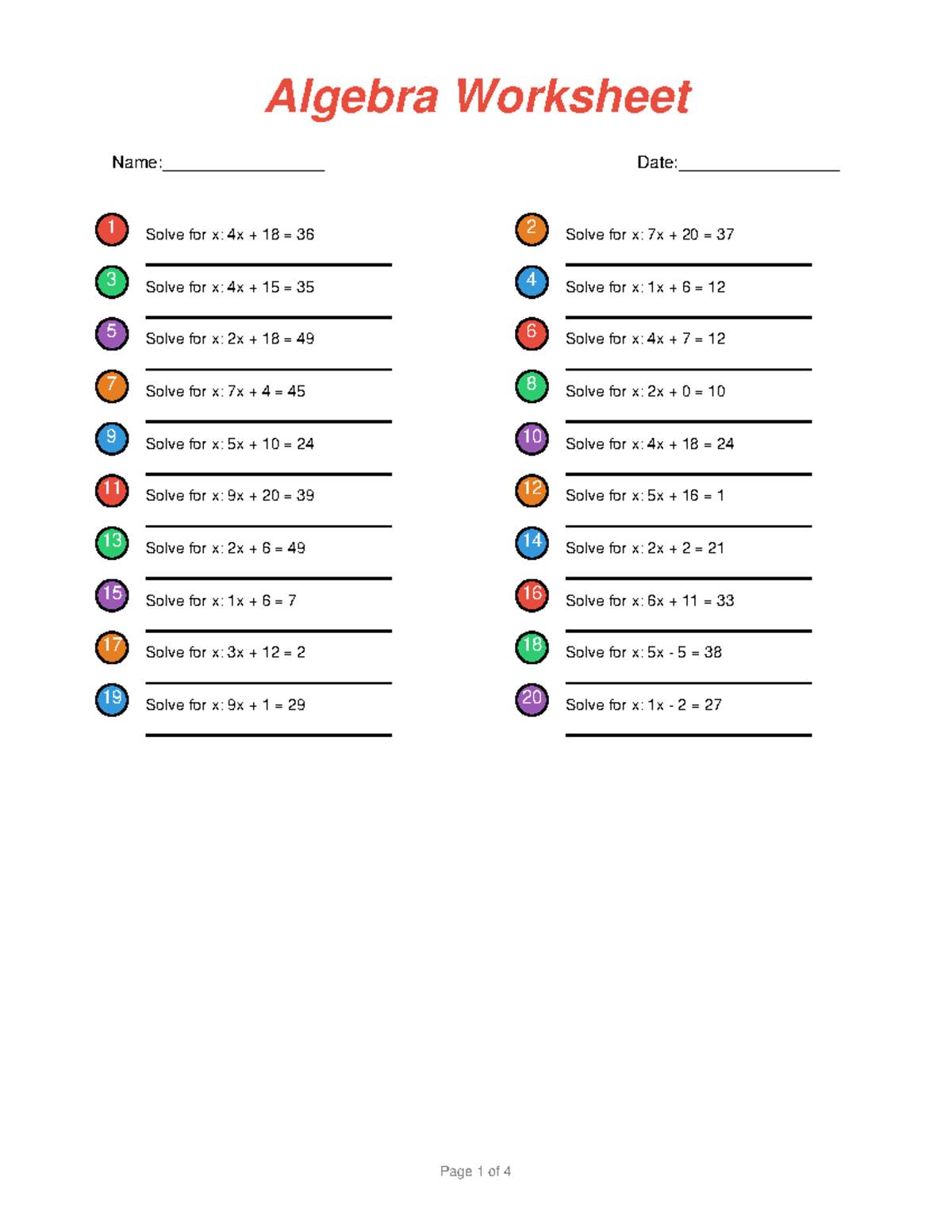 Algebra Worksheet 2: Solve for x Problems and Solutions - Studocu
