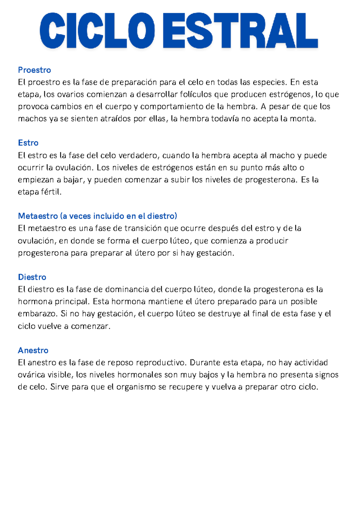 Ciclo Estral en Animales: Proestro, Estro y Más - Apuntes - Studocu