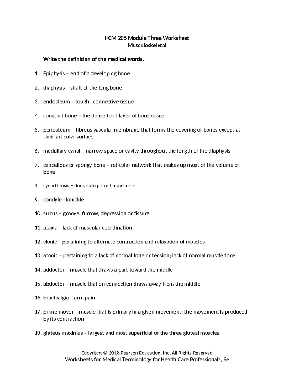 HCM 205 Module Three Worksheet: Musculoskeletal Terminology Definitions ...